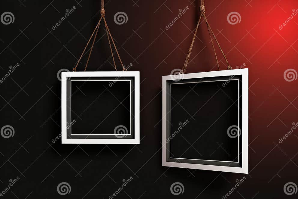 Two White Frames Hanging from the Ceiling, One of Which is a Mirror ...