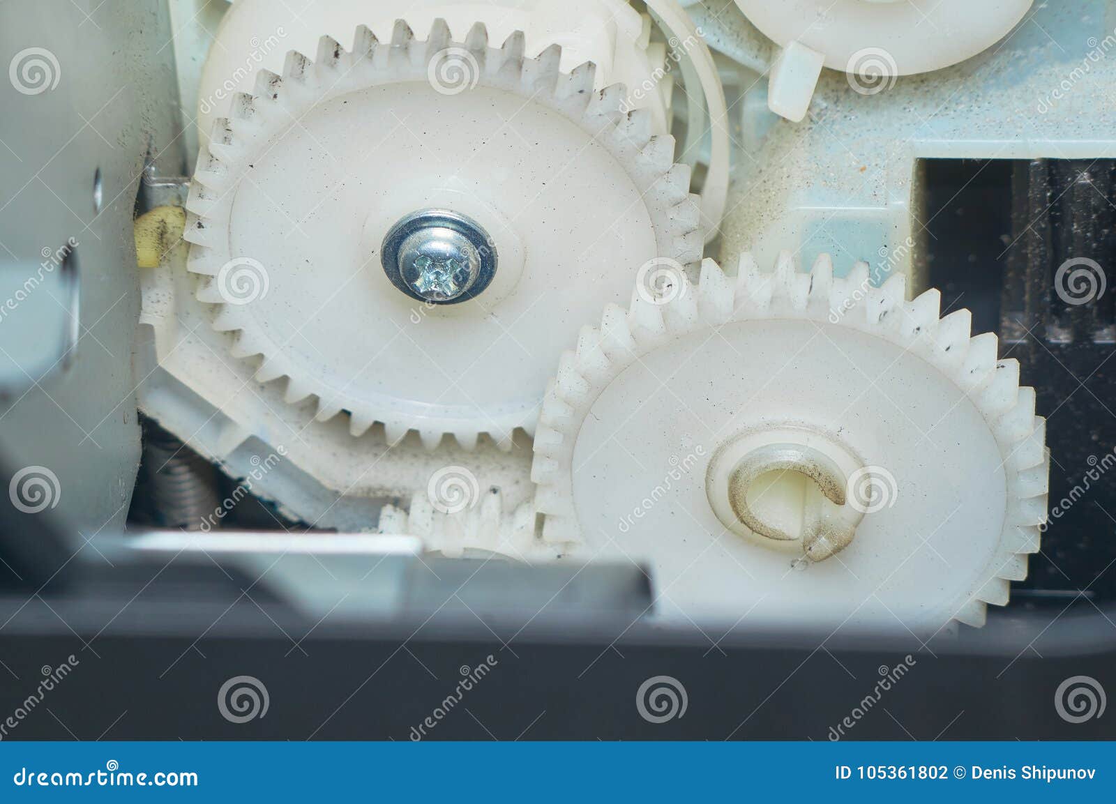 Two White Gears Connected in the Device. Close-up. Stock Photo - Image ...