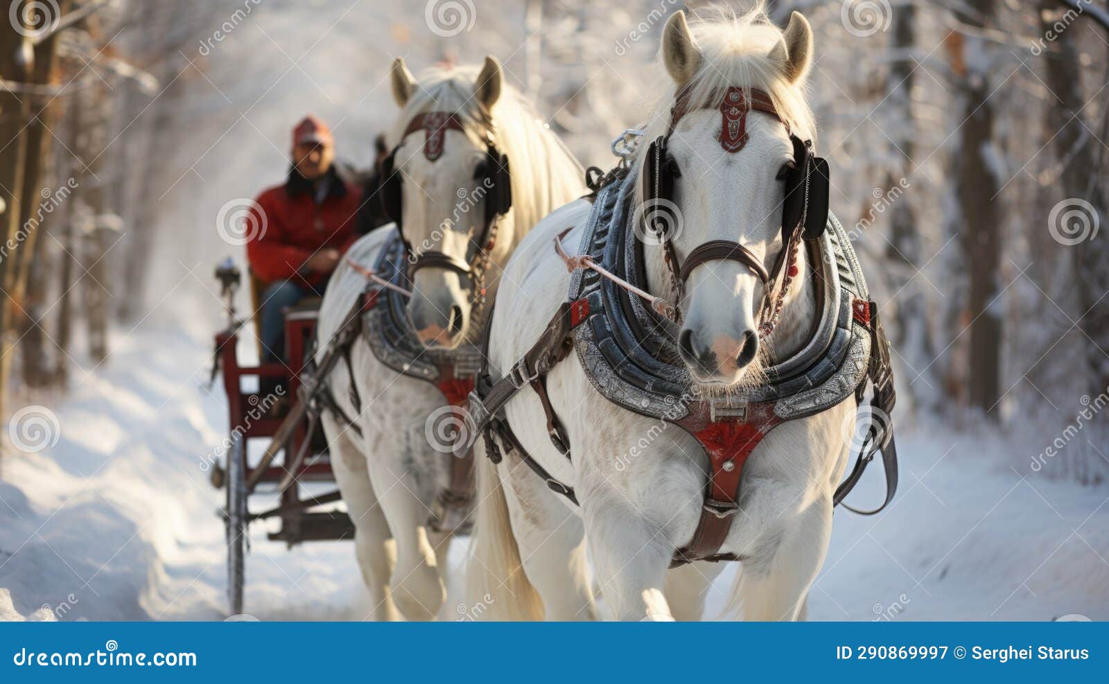 Two White Horses Pulling a Sleigh through the Snow, AI Stock ...