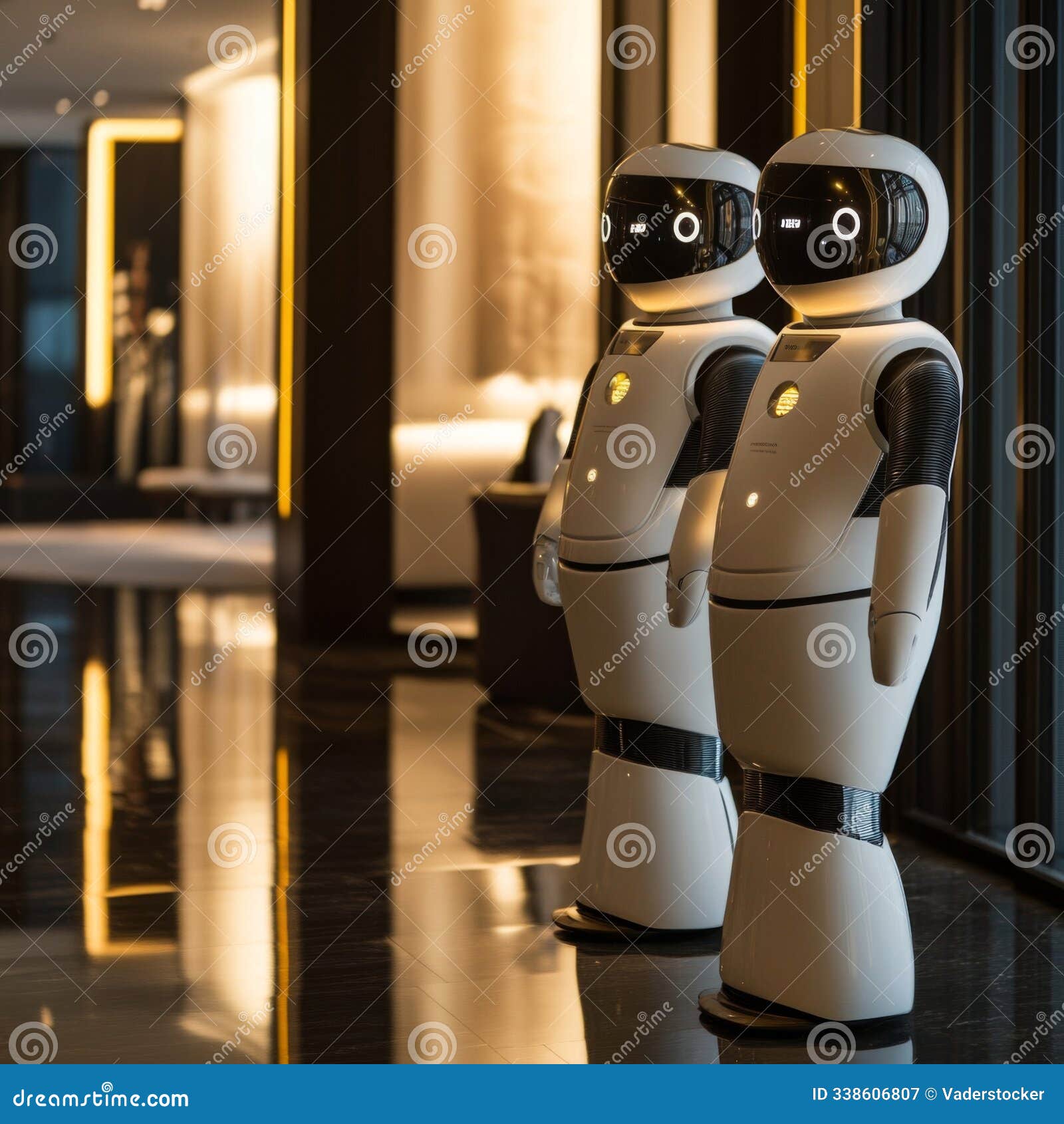 Two White Humanoid Robots in a Hotel Lobby Stock Illustration ...