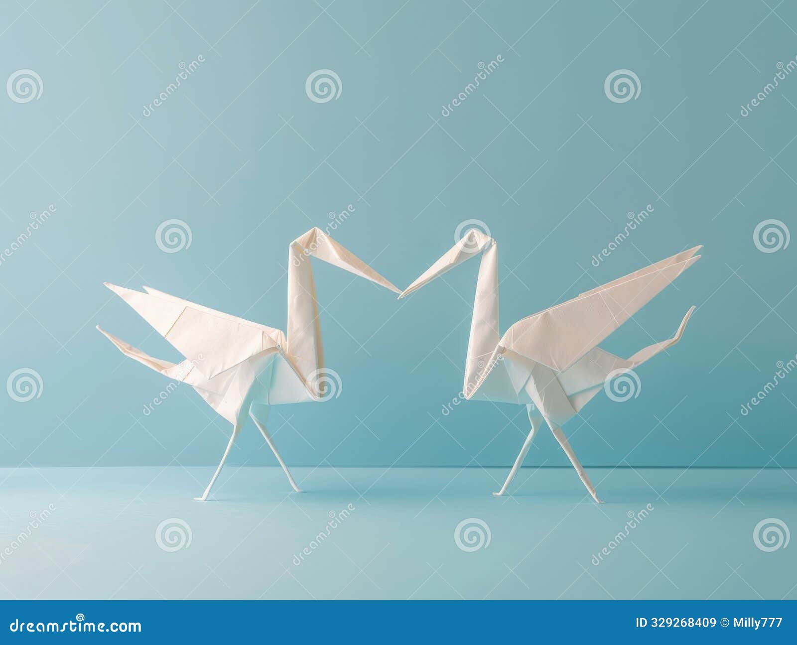 Two White Origami Cranes in Love on a Blue Background. Horizontal Stock ...