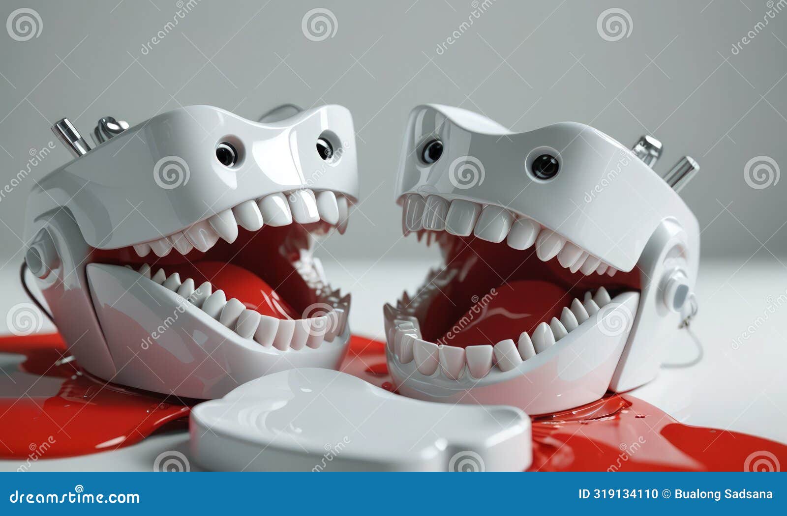 Two White Plastic Teeth with Open Mouths, One on the Left and One on ...