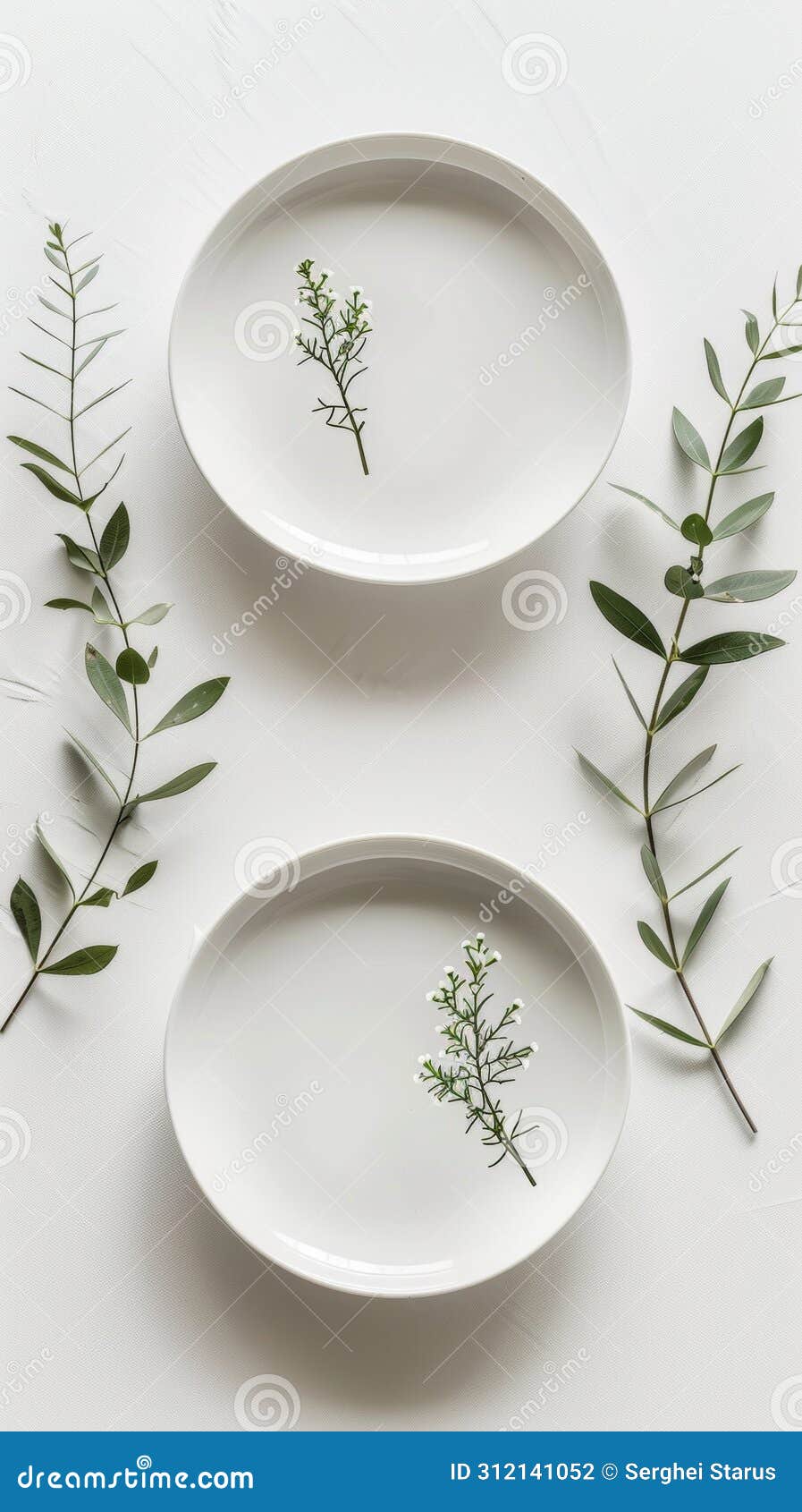 Two White Plates with Green Leaves and Branches on Them, AI Stock ...