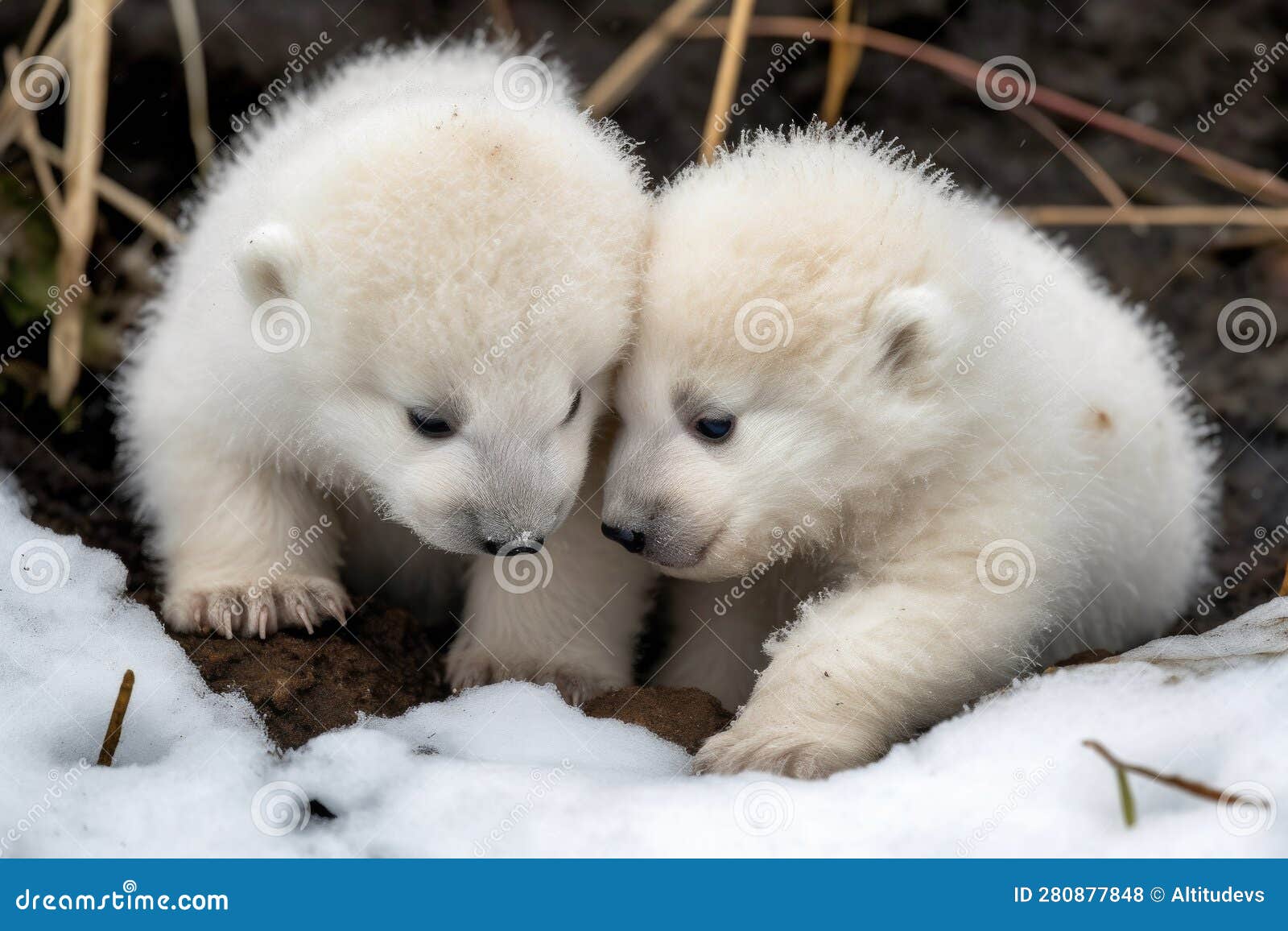 Two White Polar Bear Cubs Wrestle in the Snow, Their Small Claws ...
