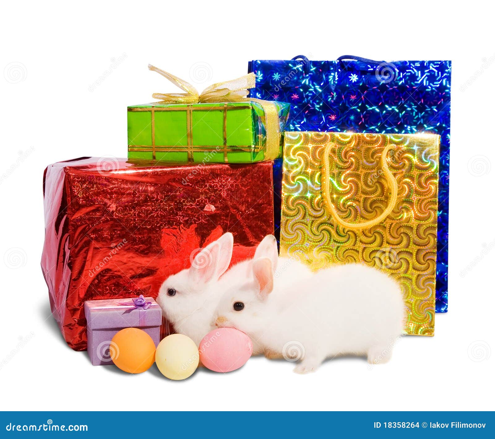 Two White Rabbits with Gifts Stock Photo - Image of decor, isolated ...
