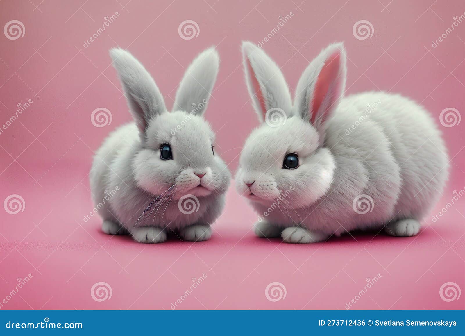 Two White Rabbits Sitting Next To Each Other on a Pink Background. a ...