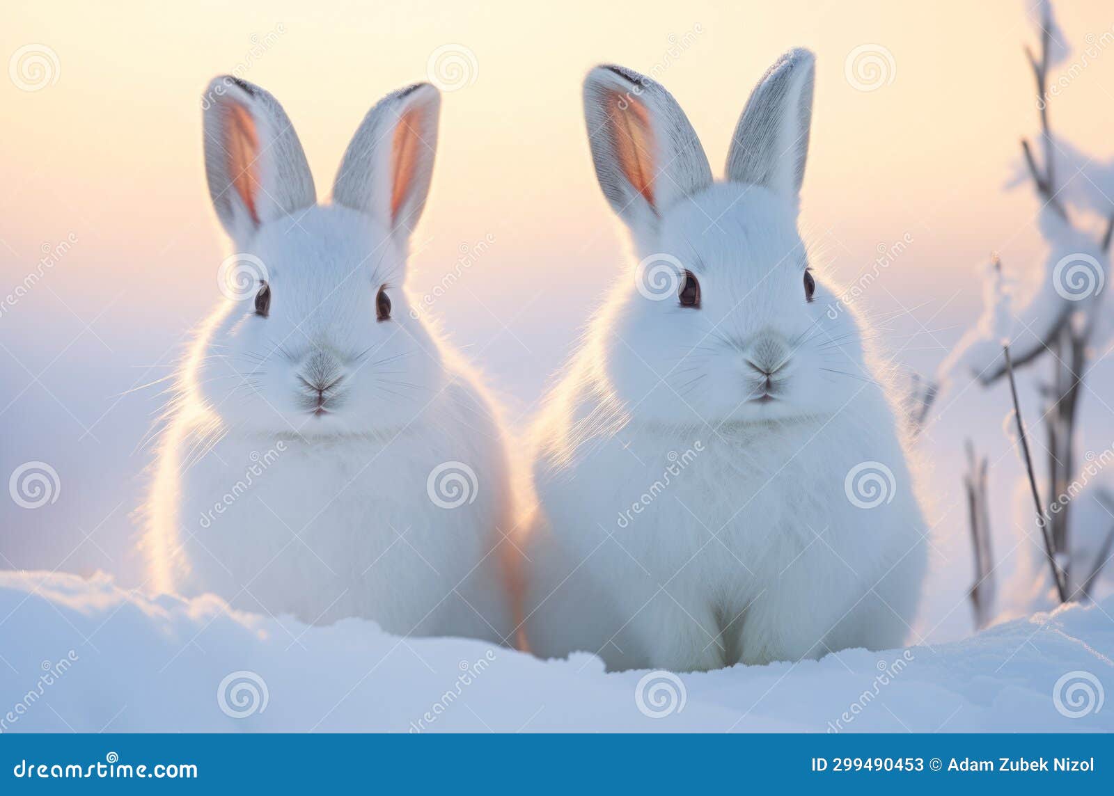 Two White Rabbits in the Snow Stock Illustration - Illustration of ...