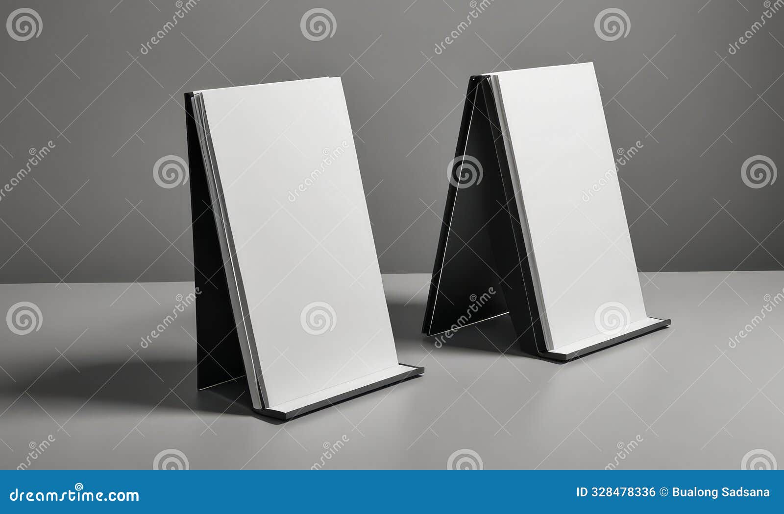 Two White Rectangular Stands with Black Bases Stand Side by Side on ...