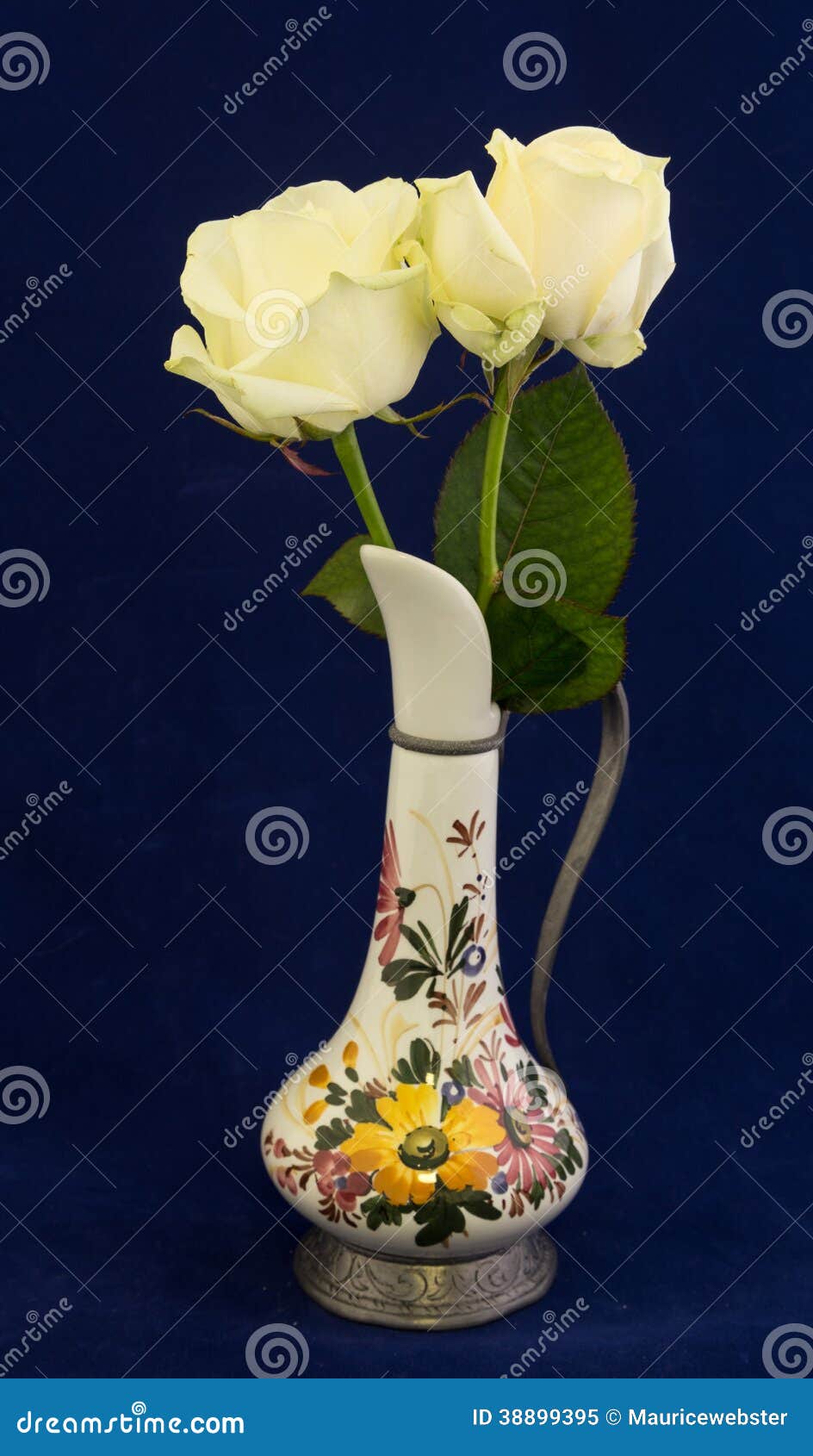 Two White Roses in a Decorated Vase Stock Image - Image of gardening ...
