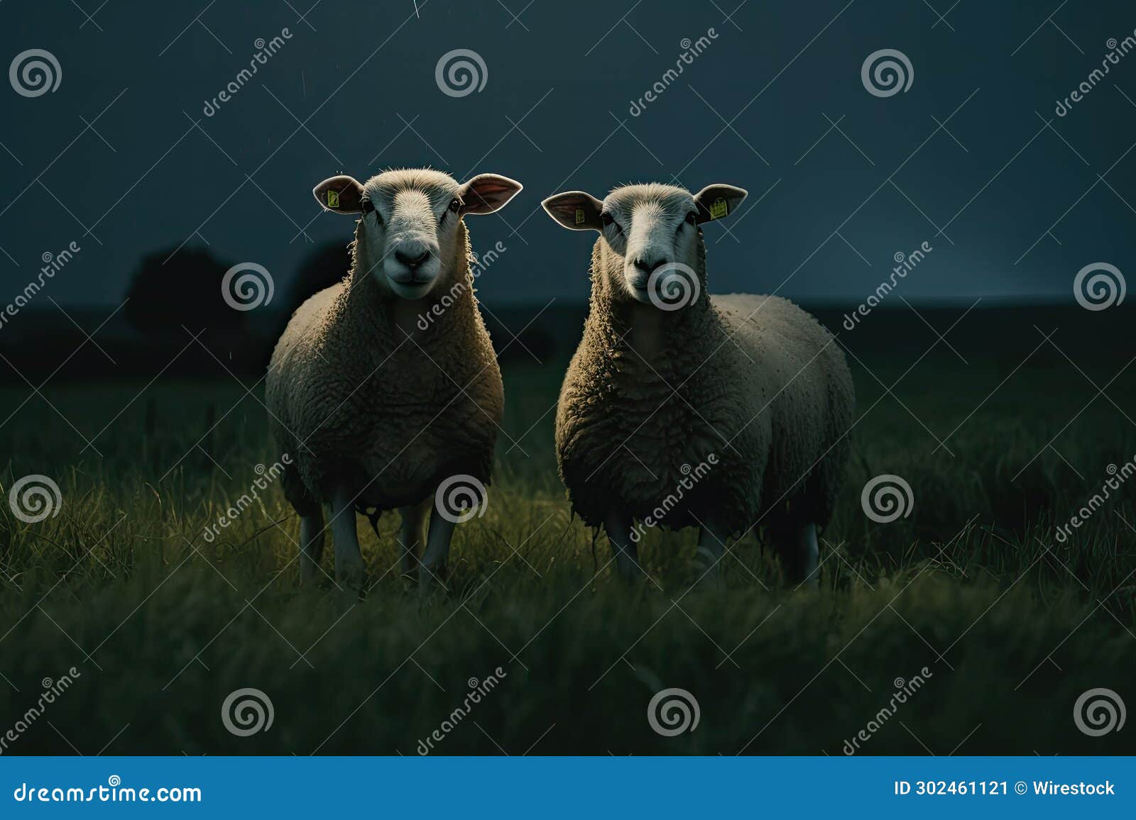 White Sheep Standing Side by Side in a Lush Green Meadow at Dusk, Ai ...