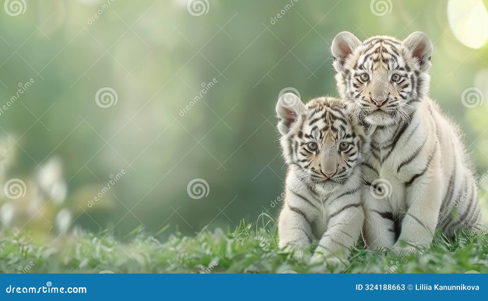 Two White Tiger Cubs Sit in a Grassy Area, Looking at the Camera Stock ...