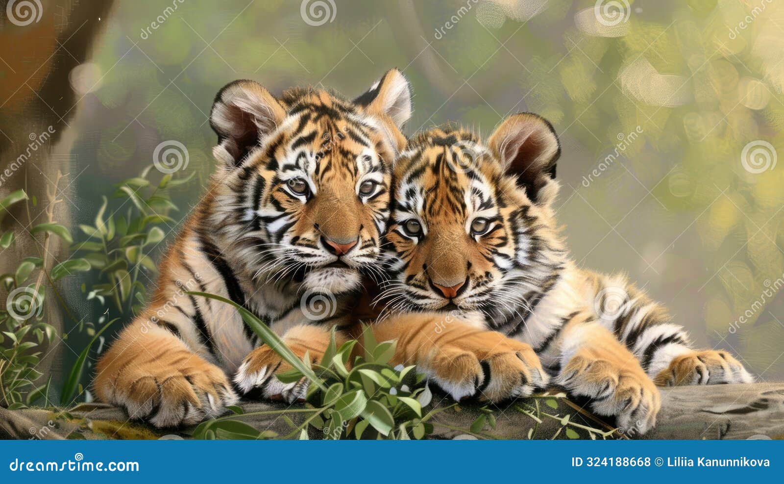Two White Tiger Cubs Sit in a Grassy Area, Looking at the Camera Stock ...
