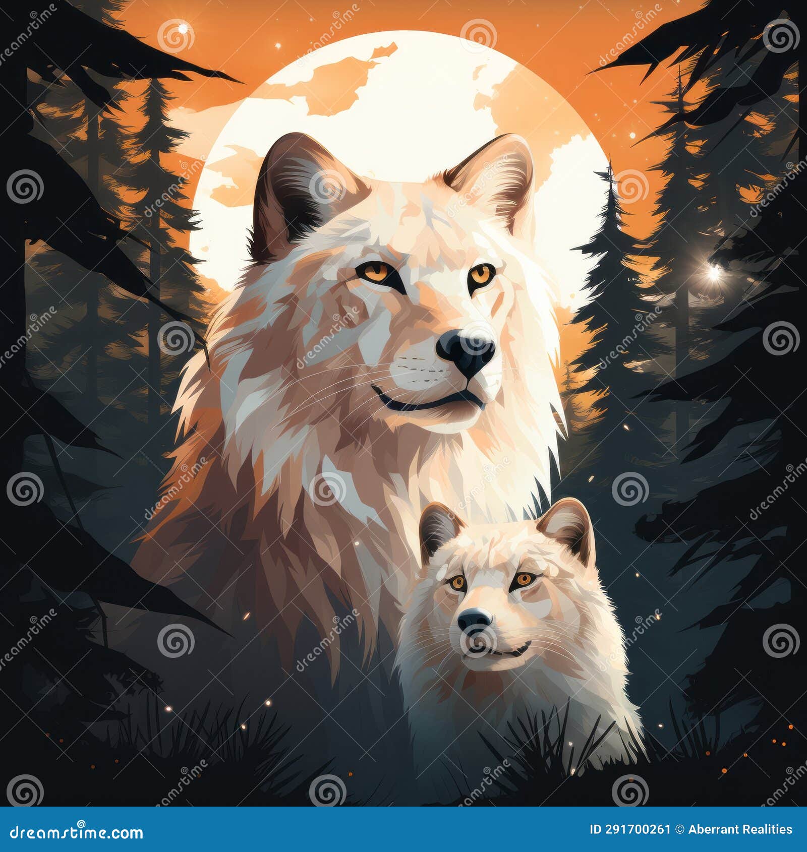 Two White Wolfs In The Forest At Night With A Full Moon In The ...
