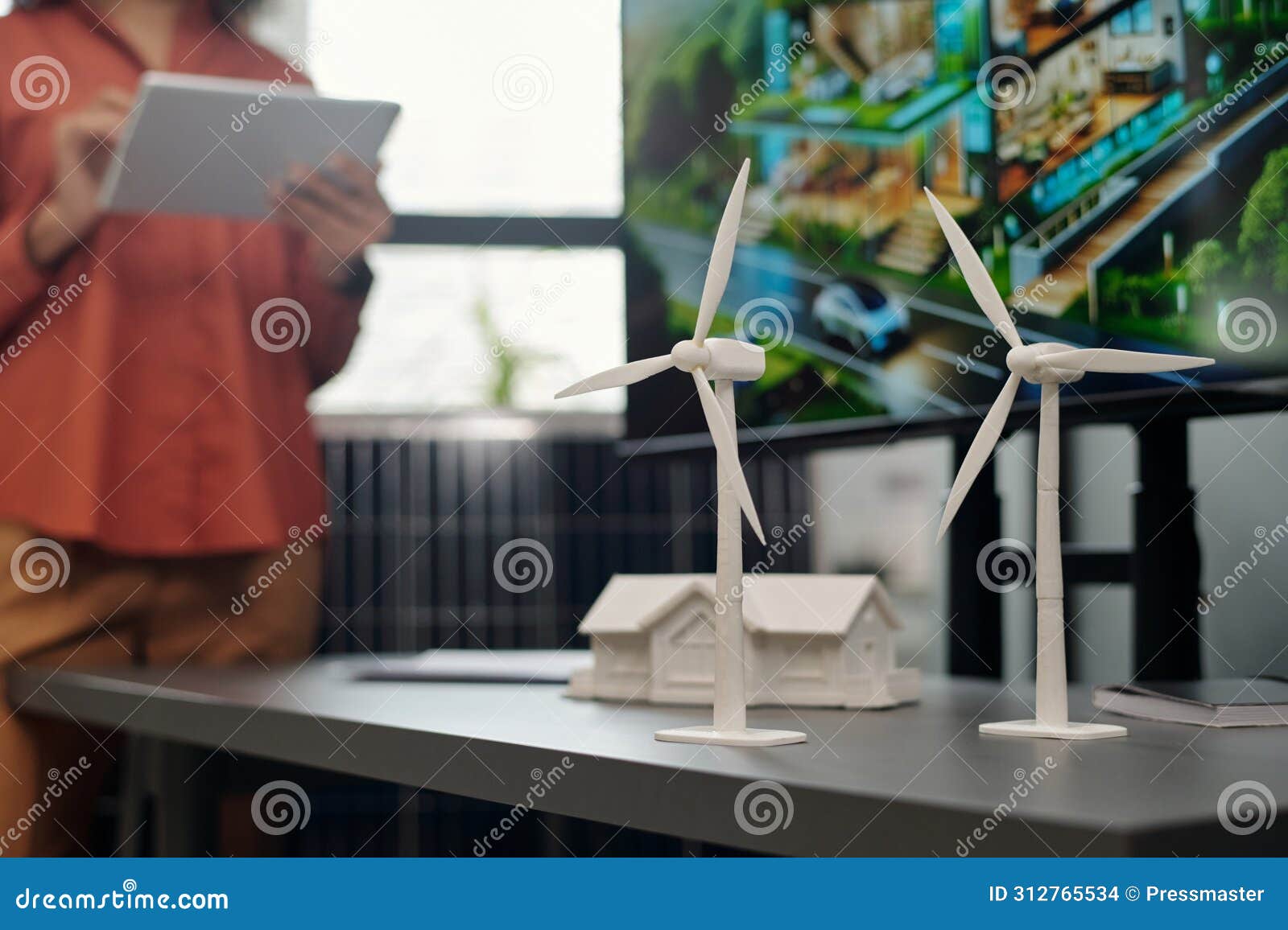 Two Windmill Models Standing on Desk Stock Photo - Image of electricity ...