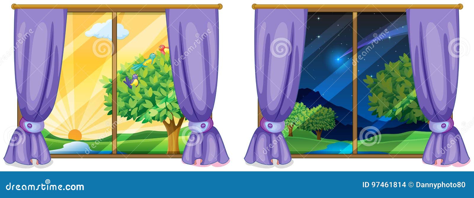 Two Window Scenes Day and Night Stock Vector - Illustration of path ...