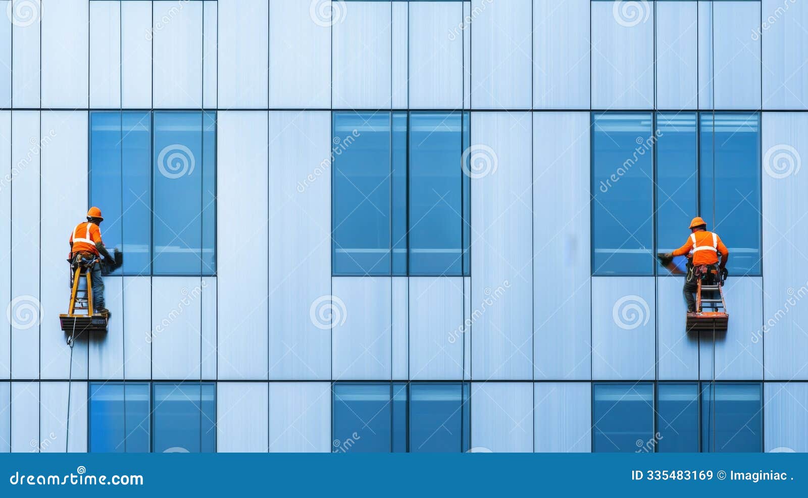 Two Window Washers Cleaning a Modern Building Facade Stock Illustration ...
