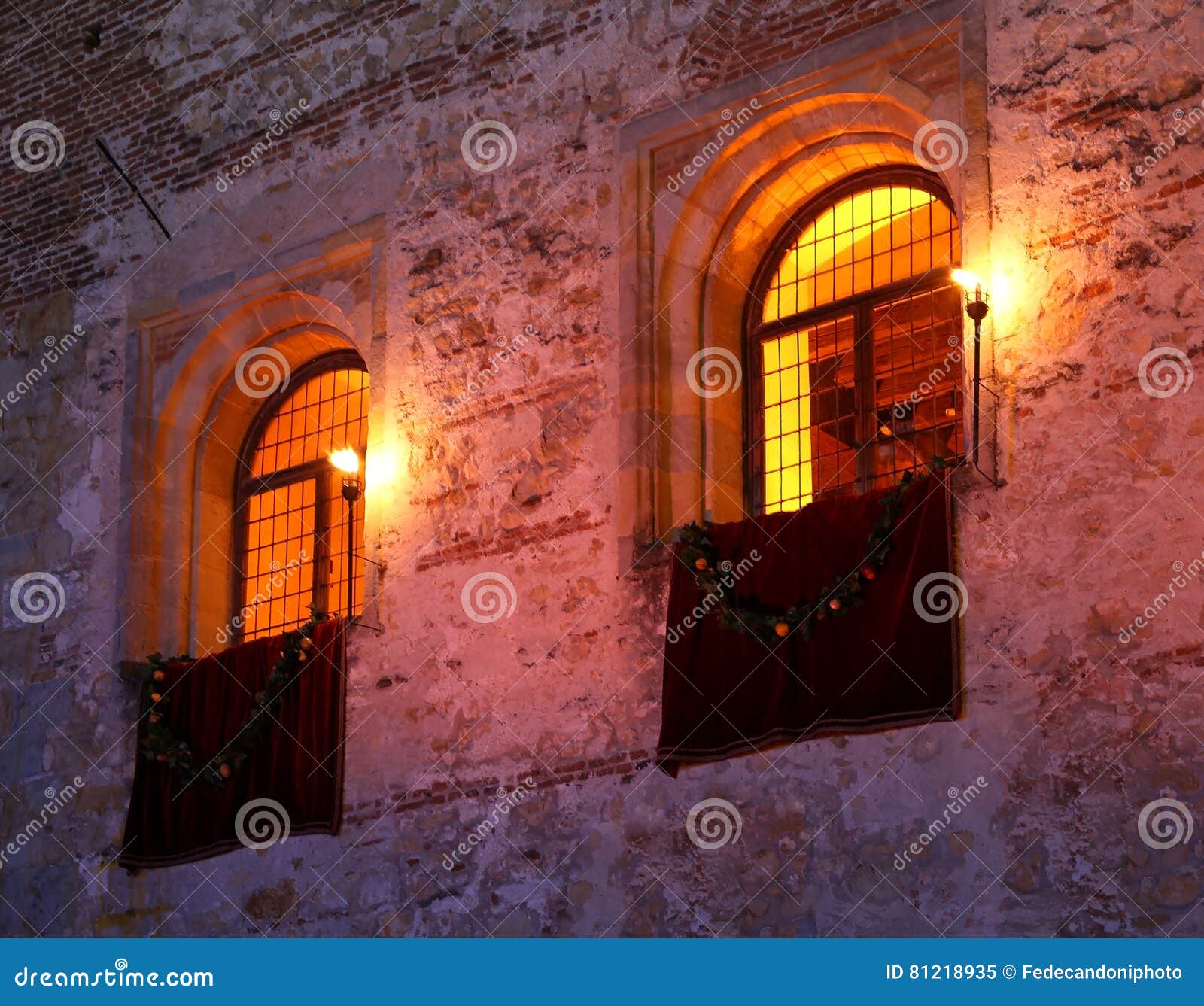 Two Windows of an Ancient Castle with Torches Stock Image - Image of ...