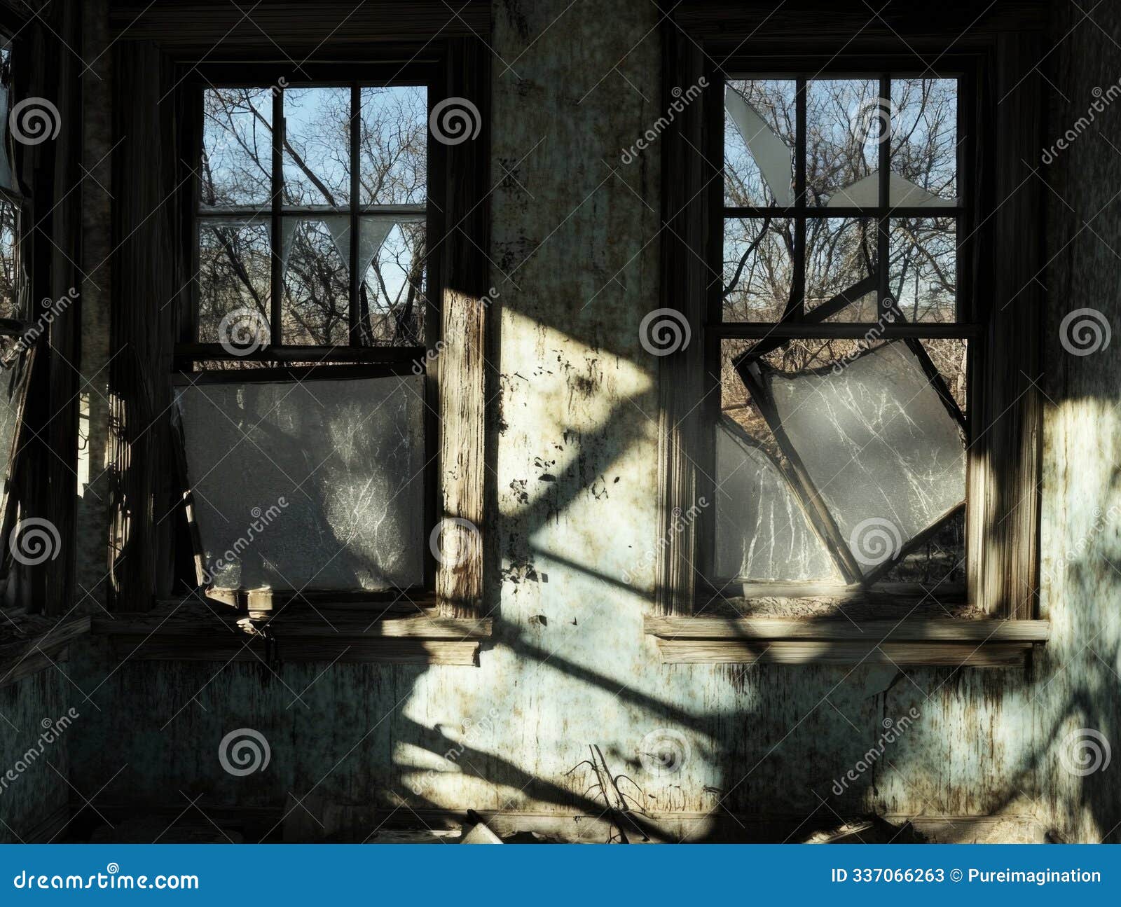 Two Windows in a Derelict Building with Broken Glass Stock Illustration ...