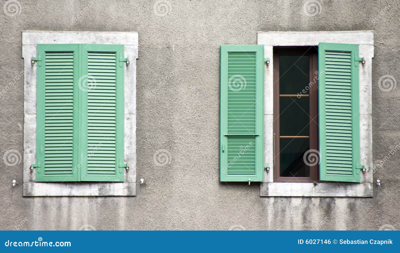 Two Windows, Green Shutters Stock Photo - Image of wall, shutter: 6027146