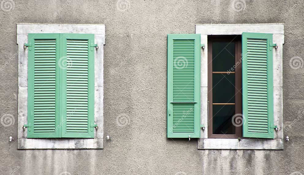 Two Windows, Green Shutters Stock Photo - Image of wall, shutter: 6027146