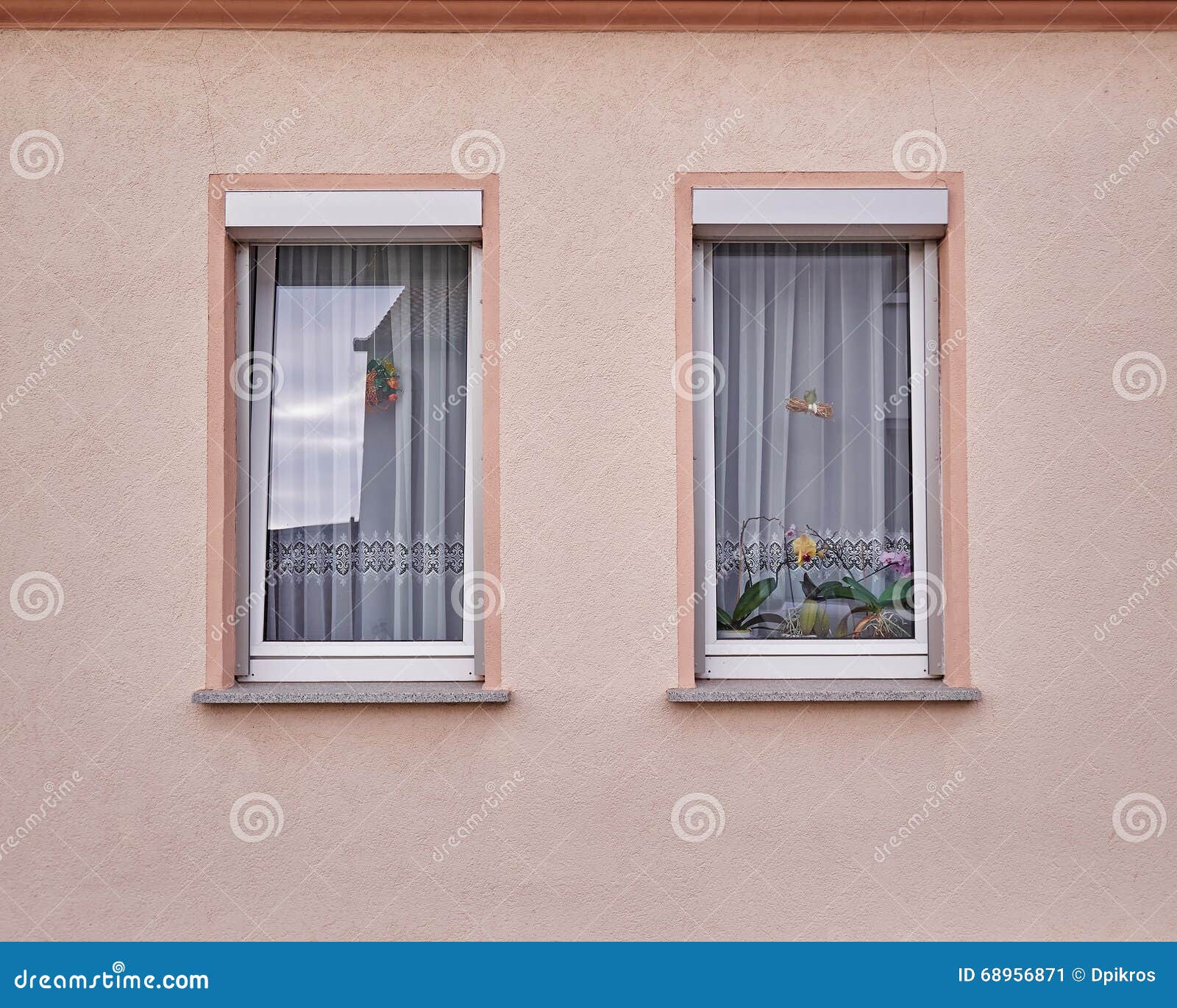 Two Windows on Light Pink Wall Stock Image - Image of home, decoration ...