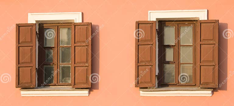 Two Windows with Open Blinds Stock Photo - Image of architecture, wall ...
