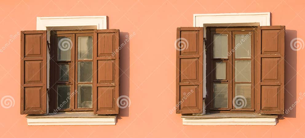 Two Windows with Open Blinds Stock Photo - Image of architecture, wall ...