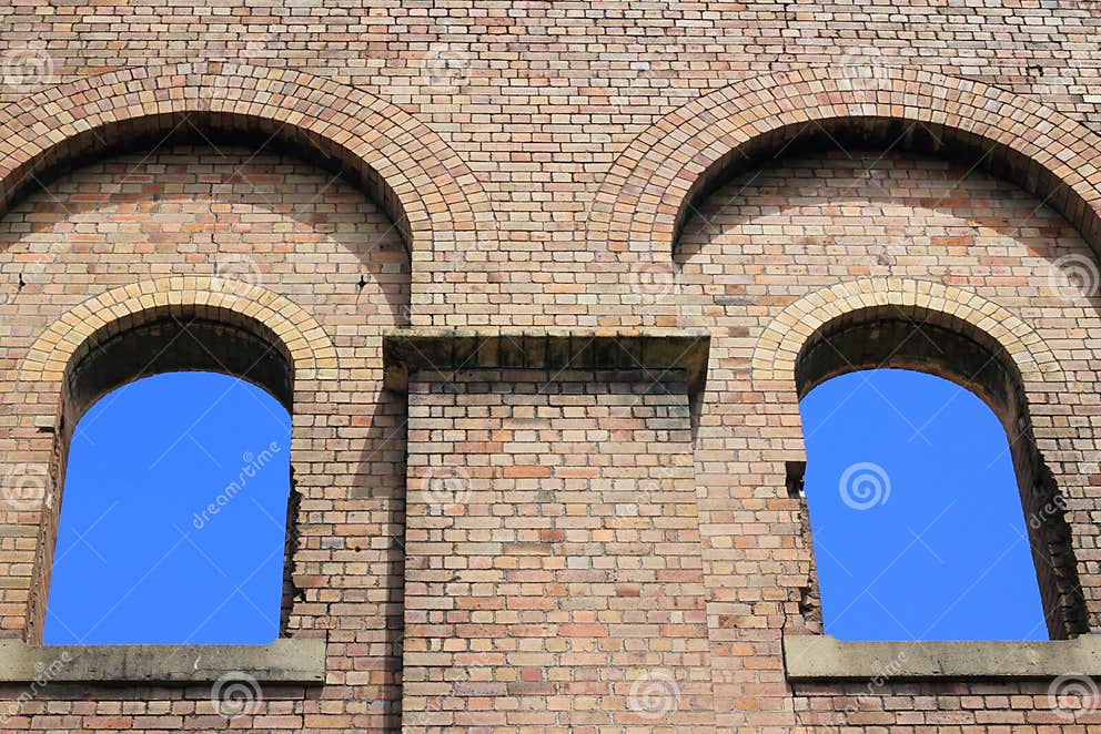 Two Arched Windows in Ruin Towards Blue Sky Stock Photo - Image of ...
