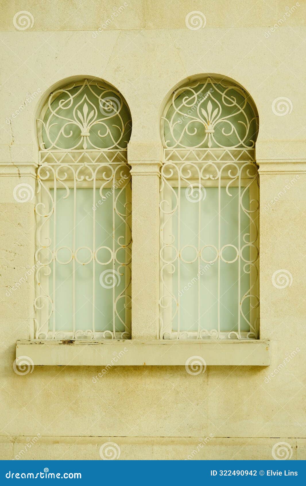 Two Windows with a White Frame and a Green Curtain Stock Photo - Image ...