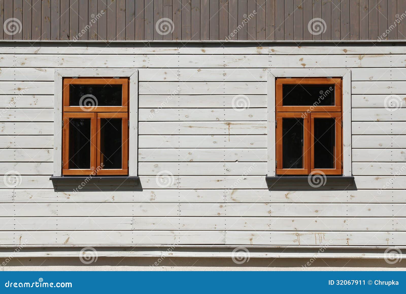 Two Windows on White Wooden Wall Stock Image - Image of building ...
