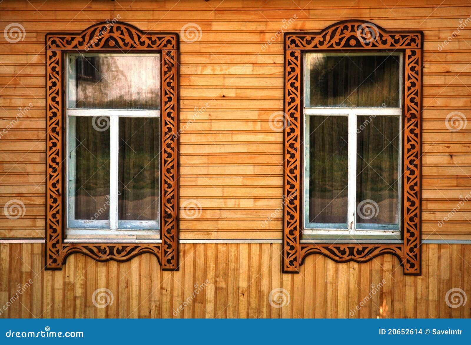Two Windows with Wooden Platbands Stock Photo - Image of case, village ...