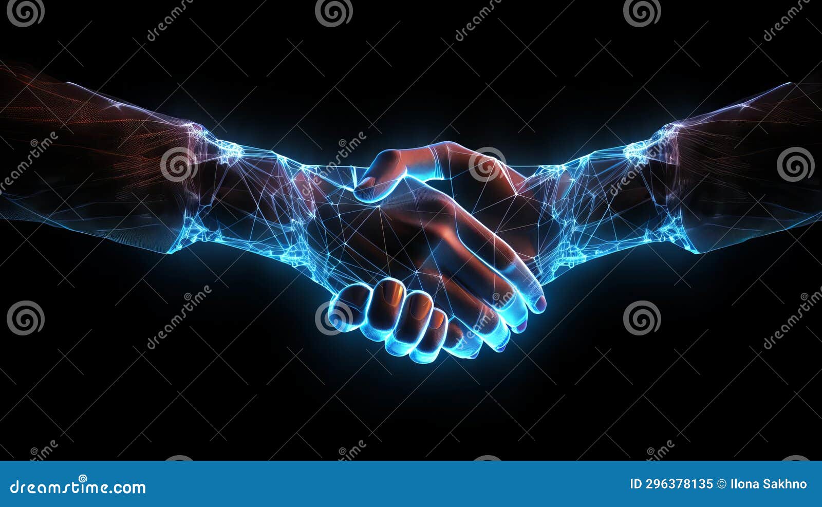 Two Wire-frame Glowing Hands, Handshake, Technology, Business, Trust ...