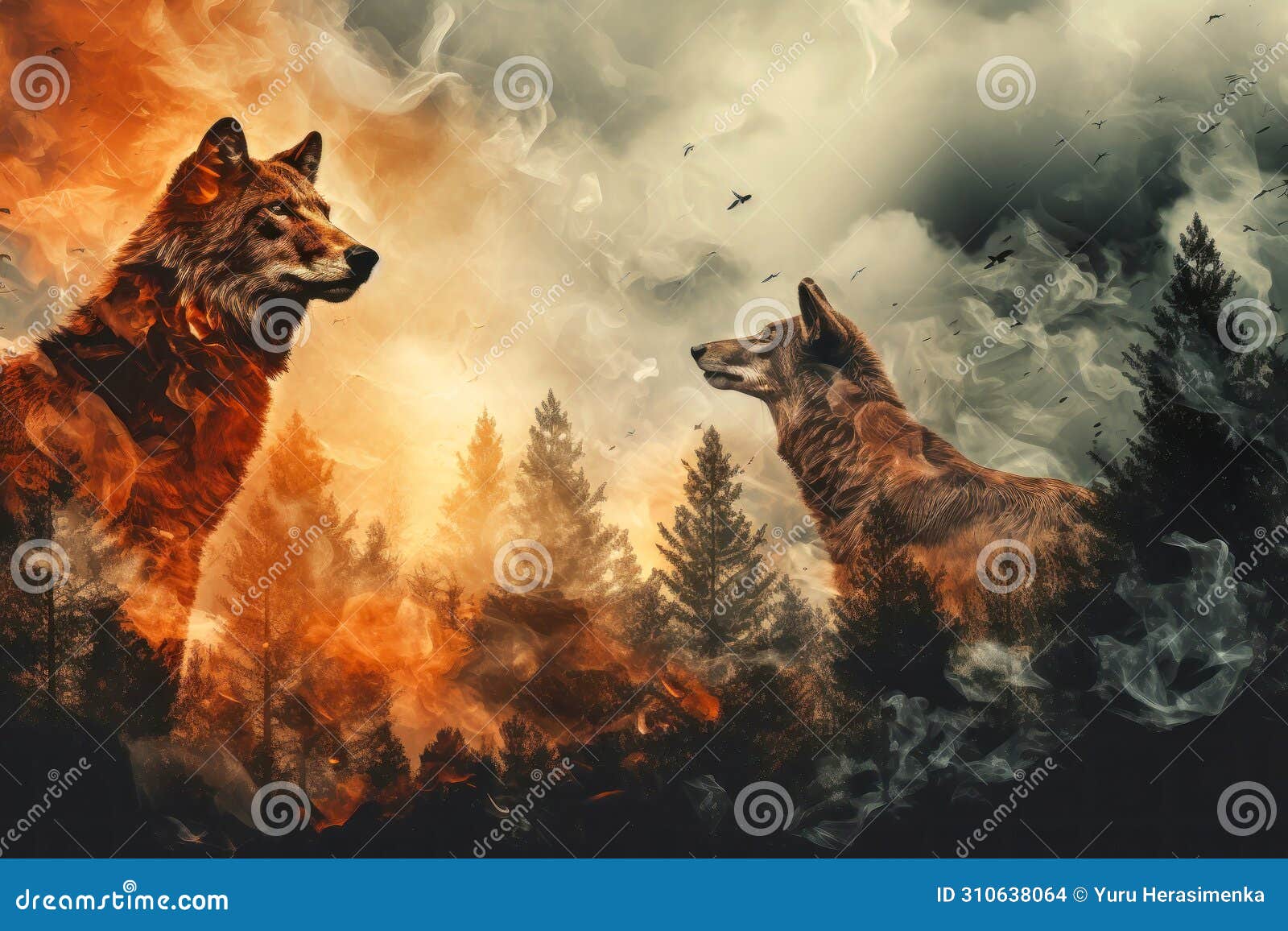 Two Wolfs Standing in Front of a Fire-filled Sky, Symbolizing the ...