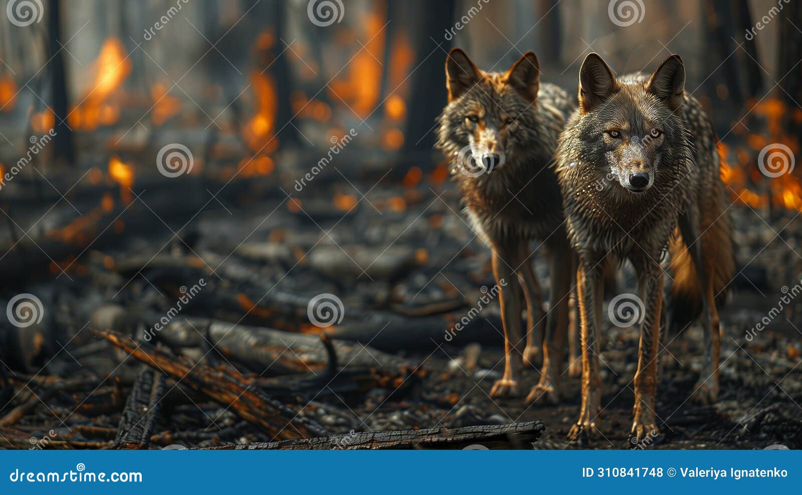 Two Wolves, Carnivorous Terrestrial Animals, Stand before a Blazing ...