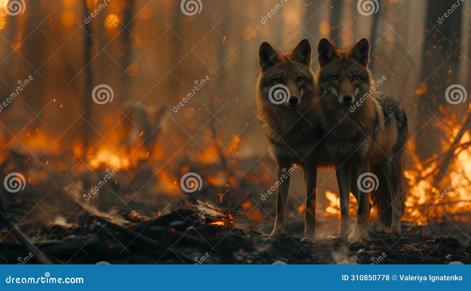 Two Wolves, Carnivorous Terrestrial Animals, Stand before a Blazing ...