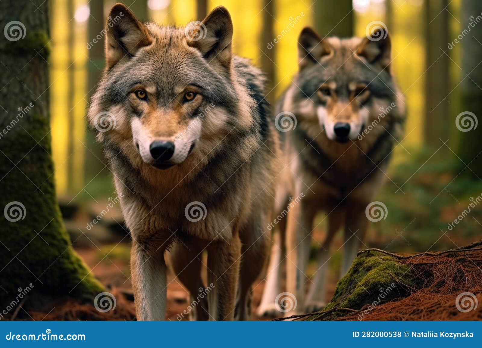 Two Wolves in a Dark Forest. Wild Animal in Natural Habitat Stock ...