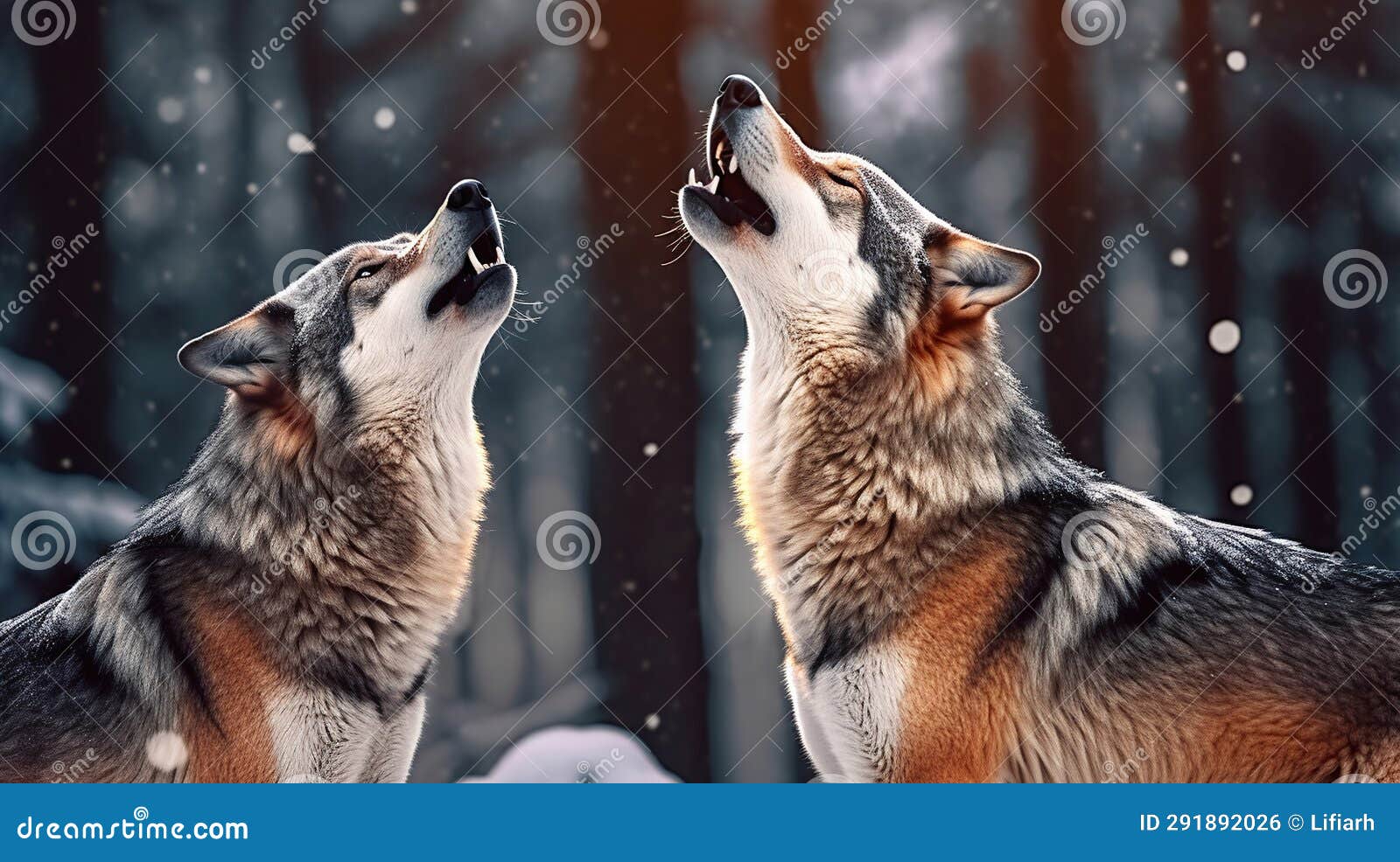 Two Wolves Expressing Emotions and Howling in the Wild Winter Forest ...