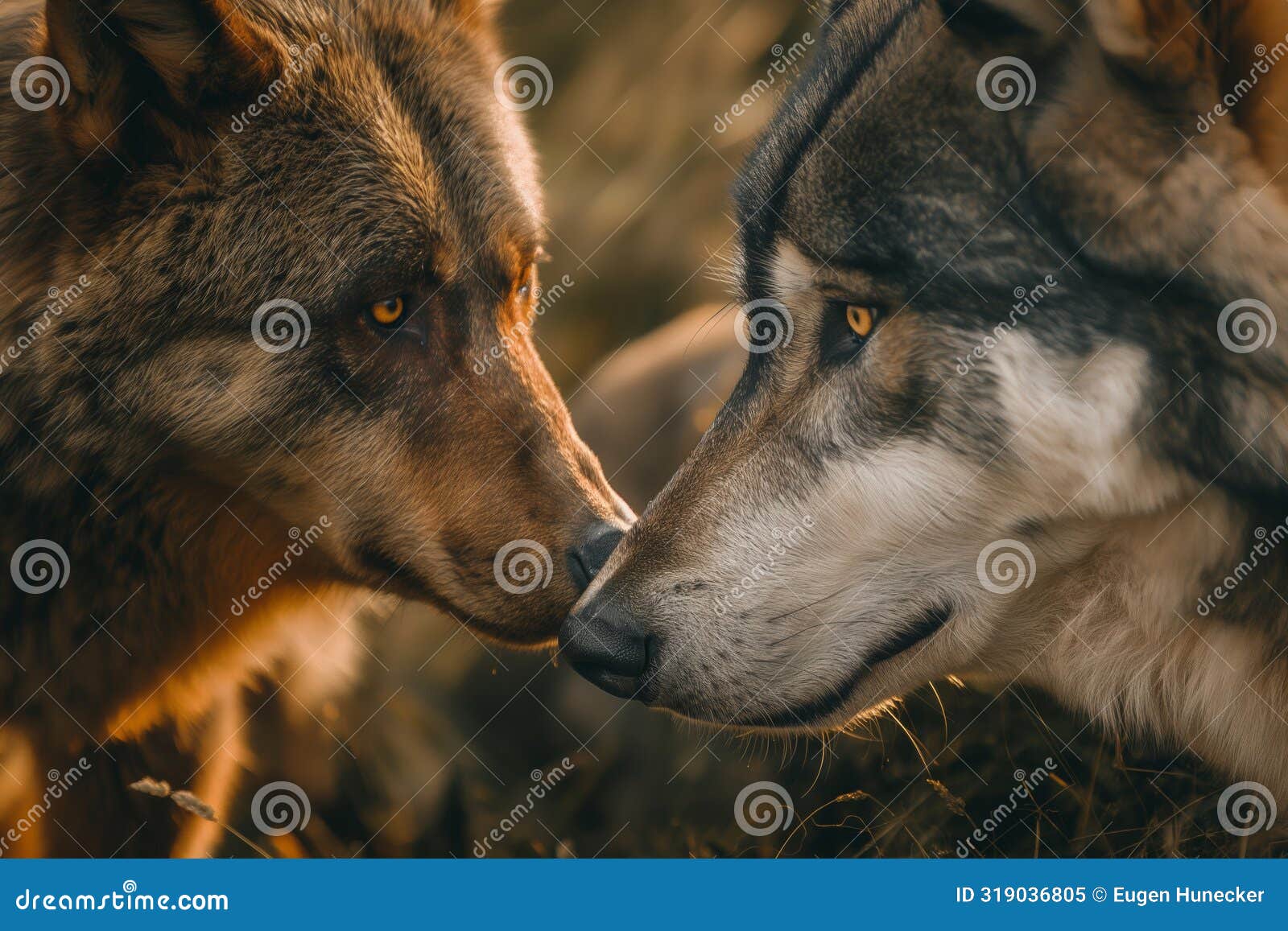 Two Wolves are Facing Each Other in the Grassy Field Stock Image ...