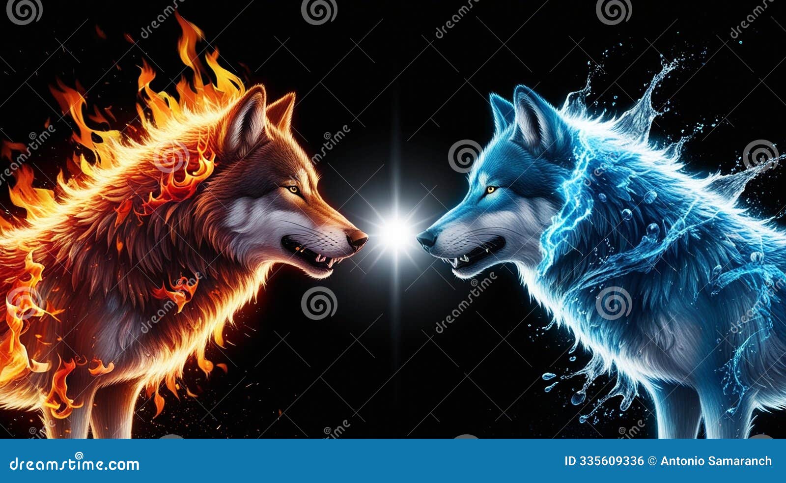 Two Wolves are Facing Each Other, One Wolf in the Fire, the Other Wolf ...