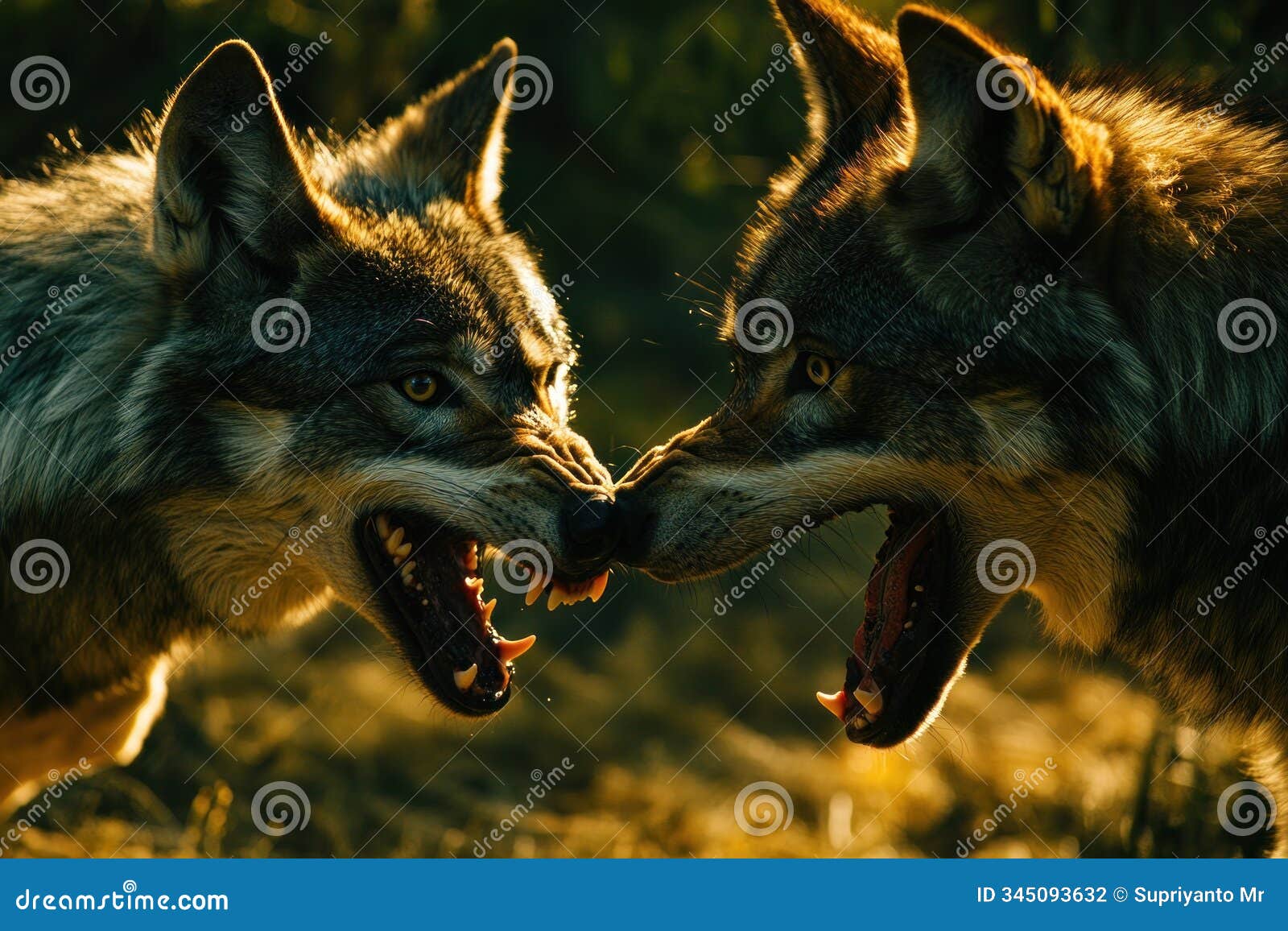 Two Wolves Facing Each Other, Showing Teeth in a Dramatic Confrontation ...