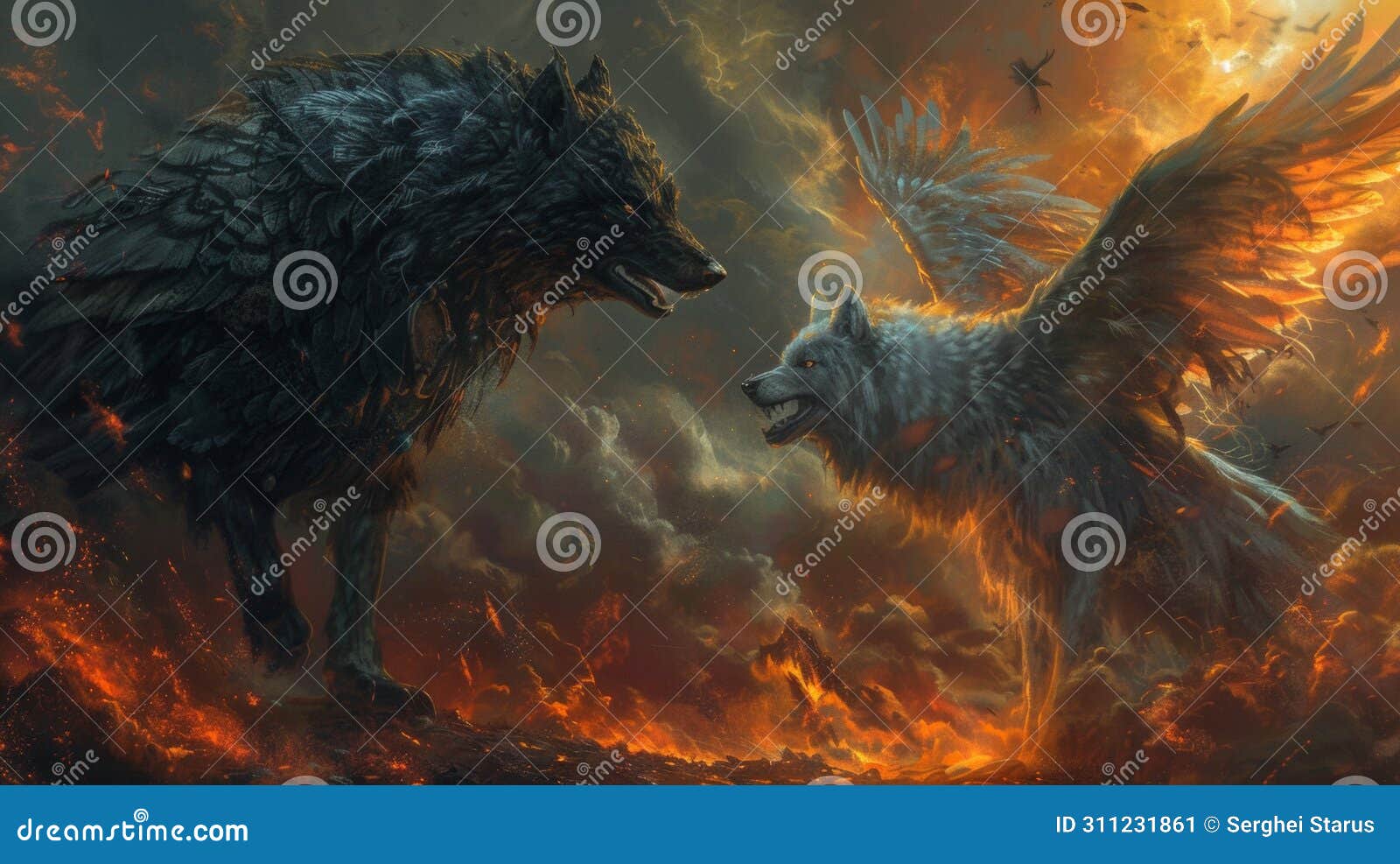 Two Wolves Fighting in a Fiery Landscape with Flames and Fire, AI Stock ...