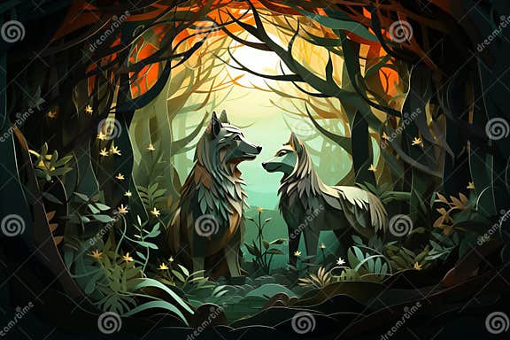 Two Wolves in the Forest at Sunset Stock Illustration - Illustration of ...