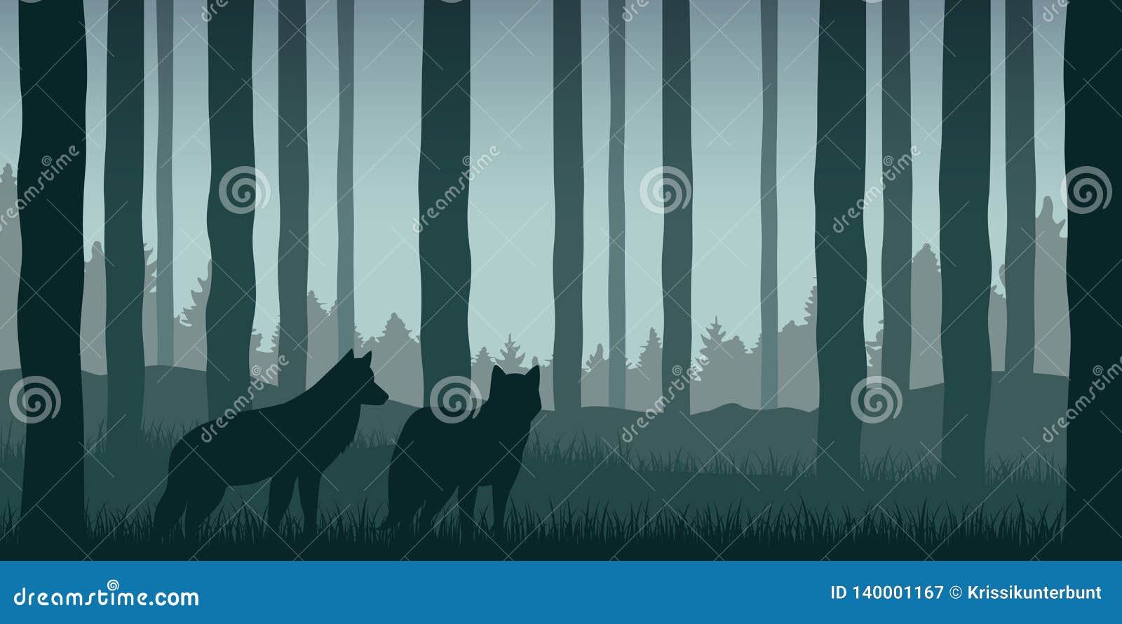 Two Wolves in Green Forest Wildlife Nature Landscape Stock Vector ...