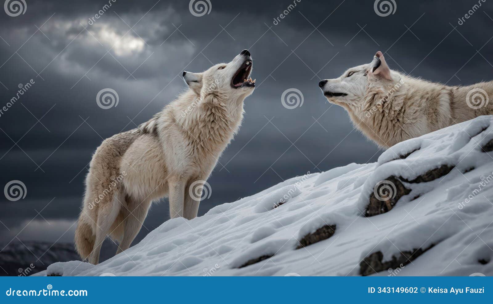 Two Wolves Howl in a Snowy Landscape Under a Dramatic Sky Stock ...