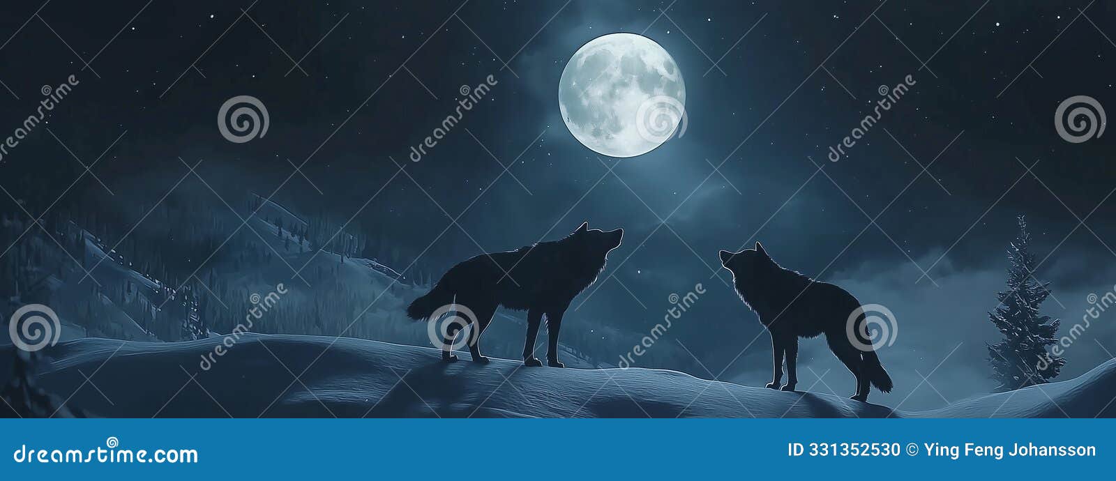 Two Wolves Howling in Dark Winter Night with Full Moon Stock ...