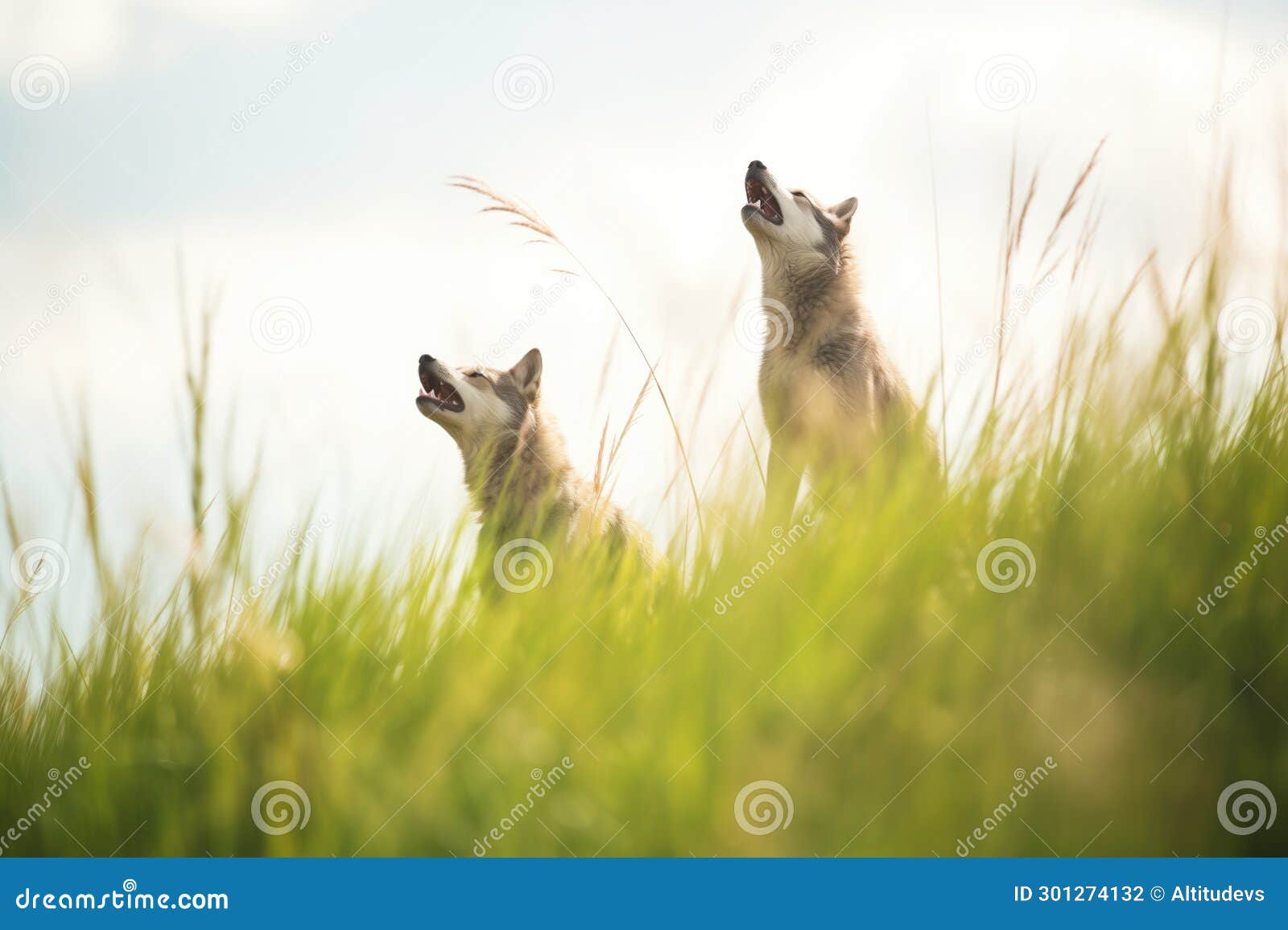 Two Wolves Howling in Grassy Meadow Stock Photo - Image of generated ...