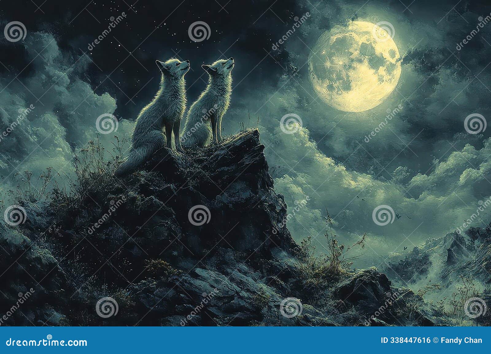 Two Wolves Howling at the Moon on a Mountaintop Stock Illustration ...