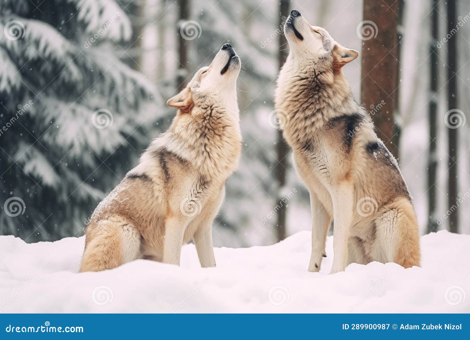 Two Wolves Howling in the Snow Stock Illustration - Illustration of ...