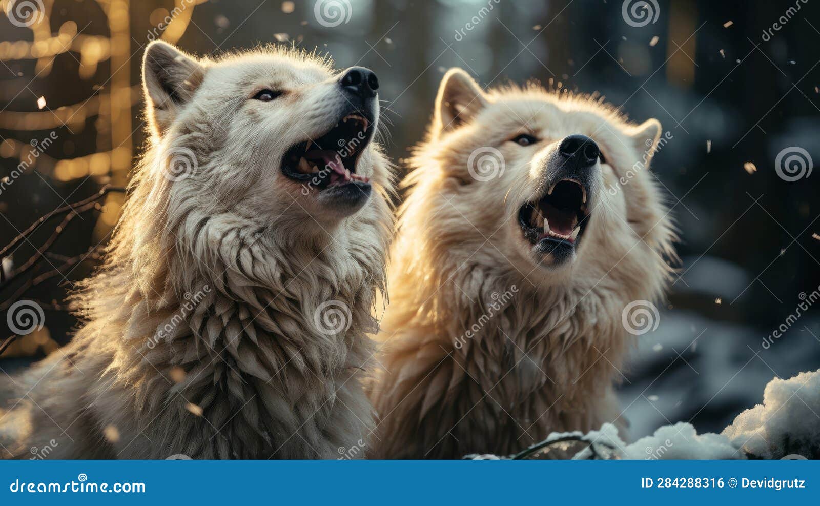 Two Wolves Howling in the Snow. Generative AI. Stock Illustration ...