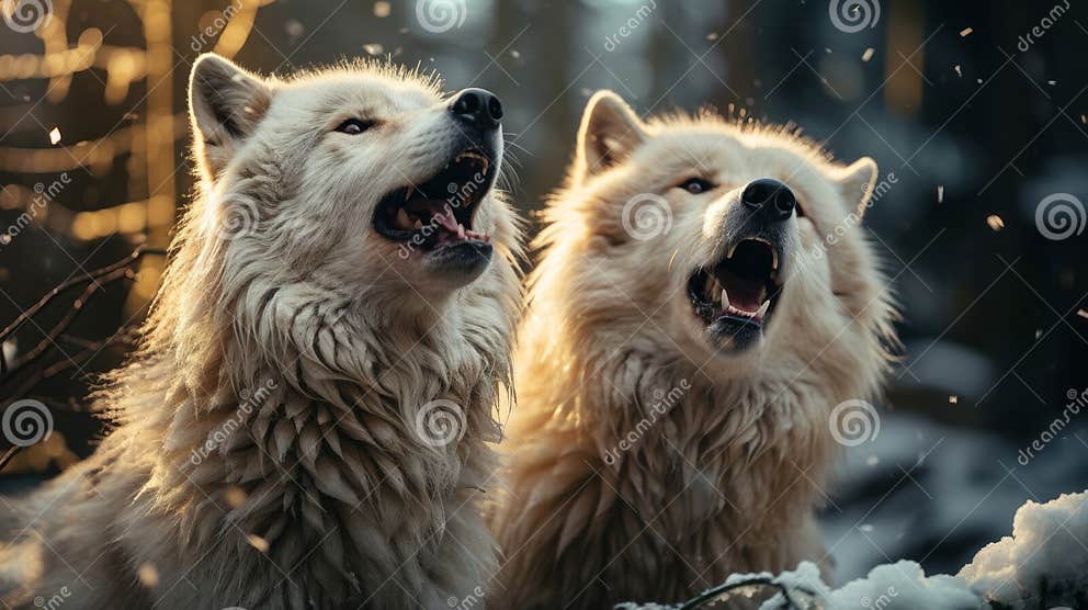 Two Wolves Howling in the Snow. Generative AI. Stock Illustration ...